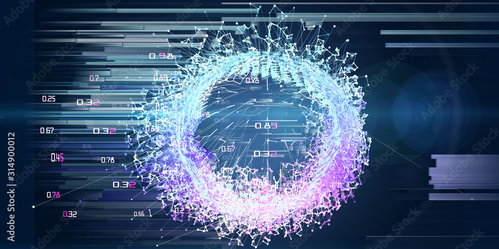 Abstract futuristic concept of spherical algorithm analysis. Quantum virtual cryptography ...