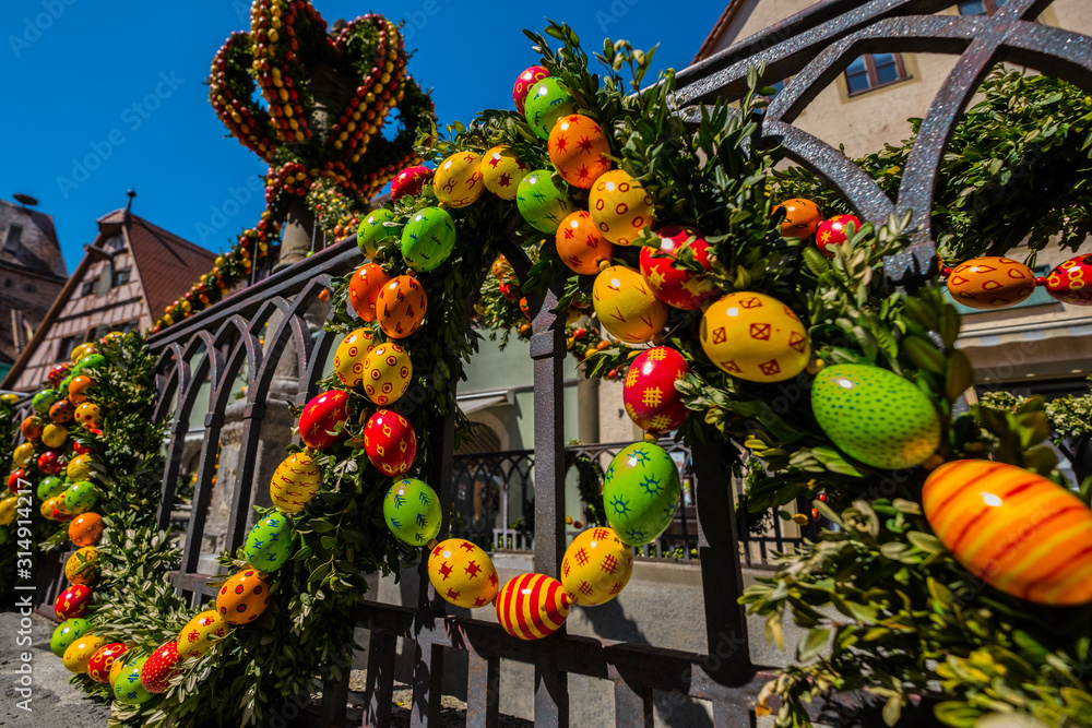 Traditionally decorated easter fountain seen in Bavaria (Germany ...