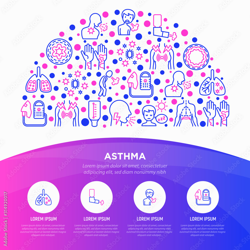 Asthma concept in half circle with thin line icons: allergen, dyspnea ...
