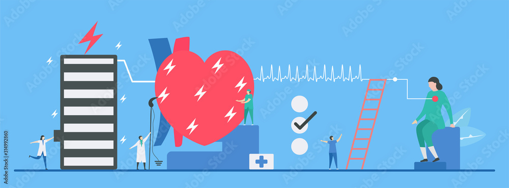 Cardiology vector illustration. On blue background, heart disease ...