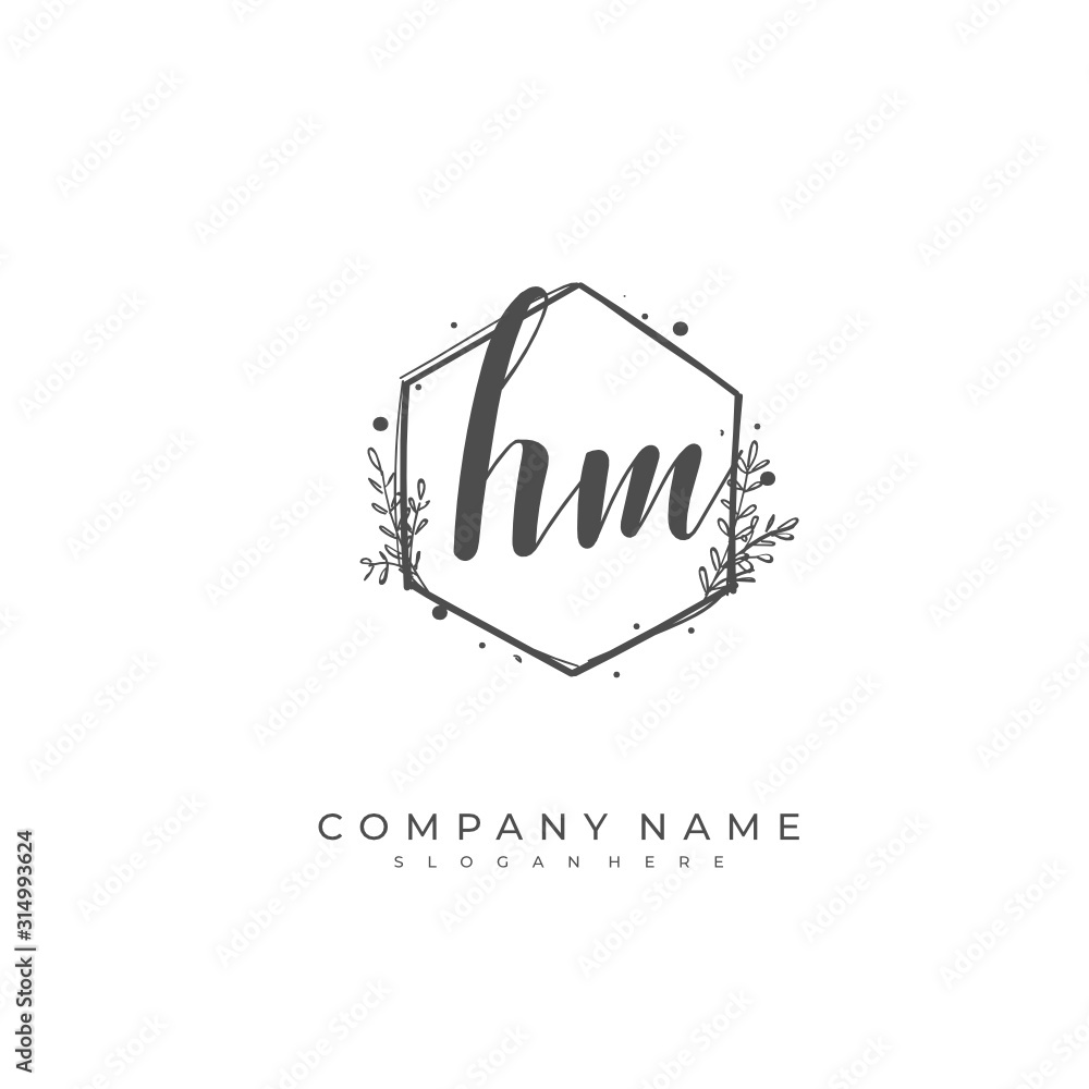 Handwritten initial letter H M HM for identity and logo. Vector logo template with handwriting ...