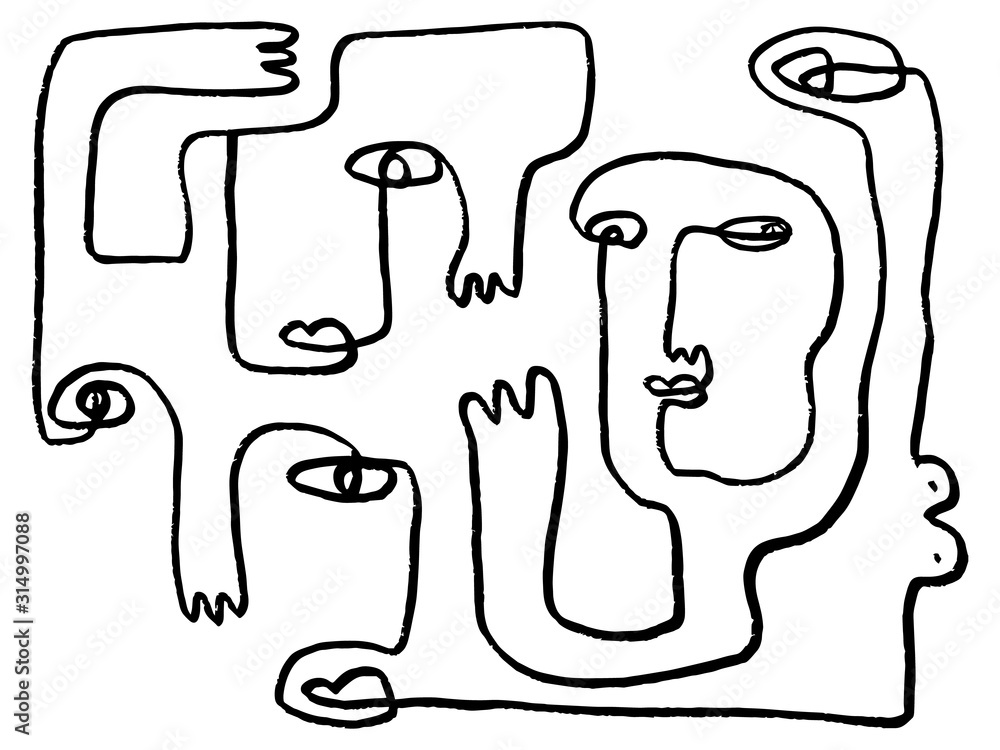 One line art abstract drawing of faces in black. Vector illustration ...