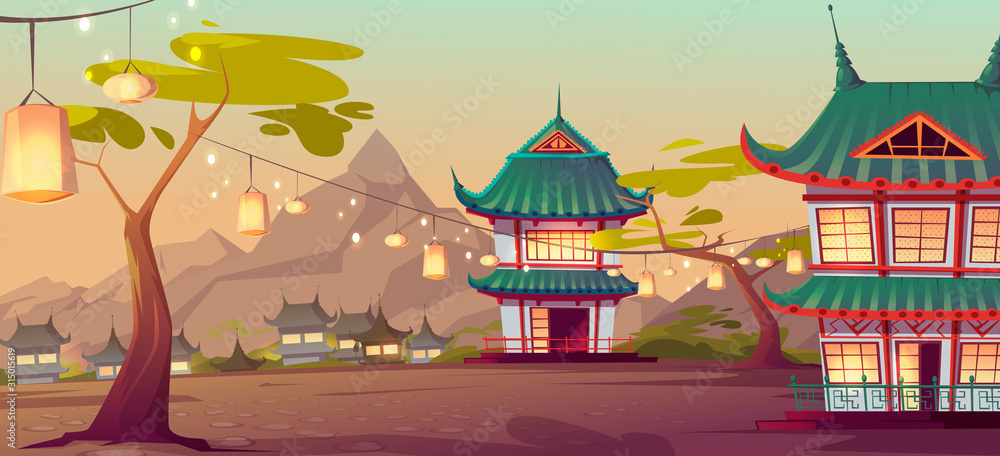 Chinese, asian village with traditional houses and festival lanterns on ...