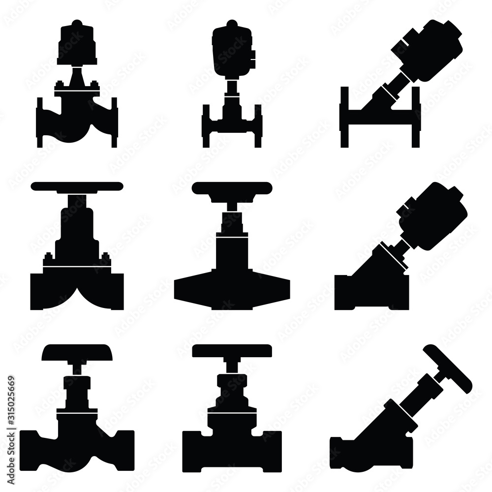 Industrial valves icons. Piston valve. Control valves. Silhouette ...