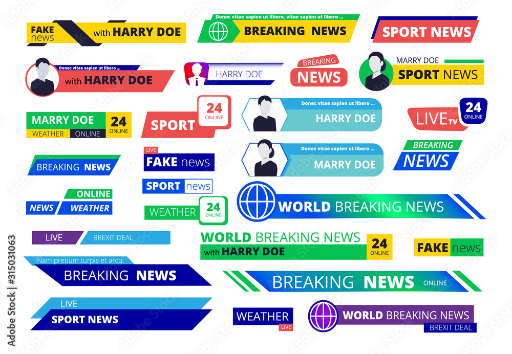 Breaking news banners. Broadcasting television interface labels user ...