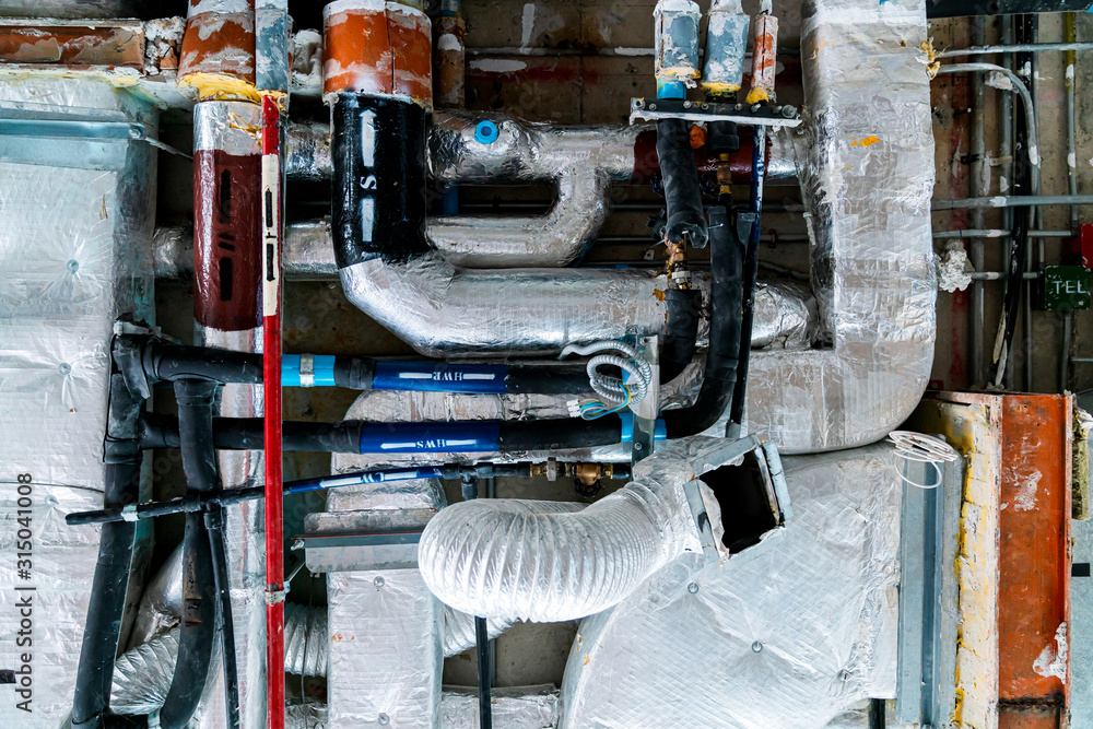 Electrical Conduits System And Metal Pipeline Installed On Building