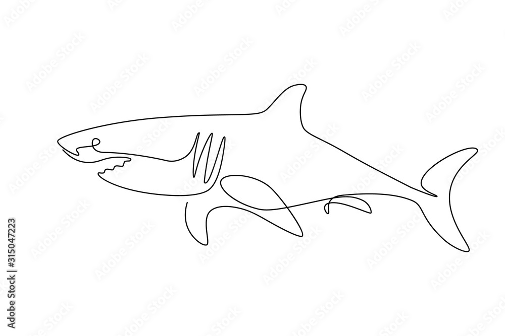 Shark fish in continuous line art drawing style. Minimalist black ...