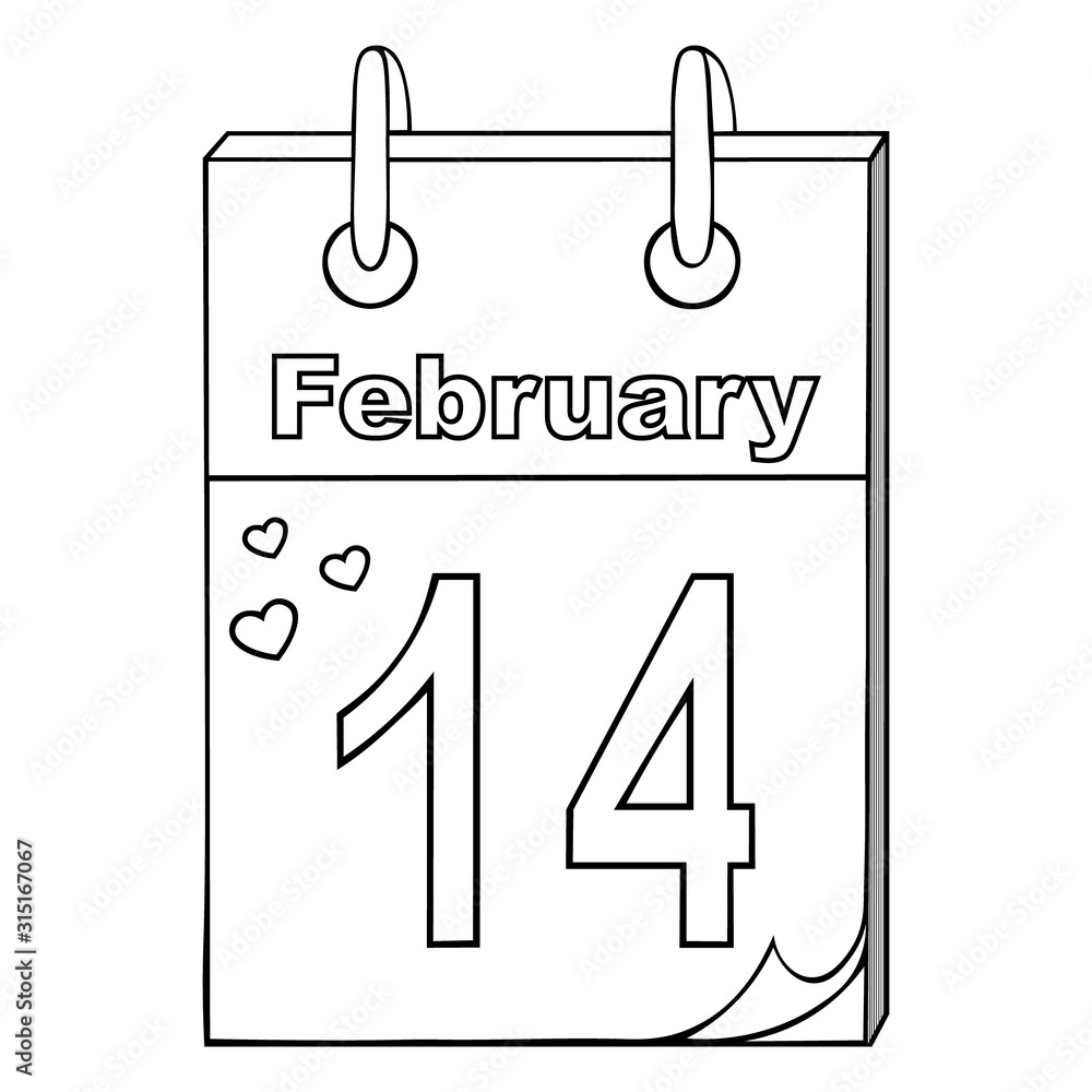Valentines Day. The tear-off calendar is open on February 14th. Sketch ...