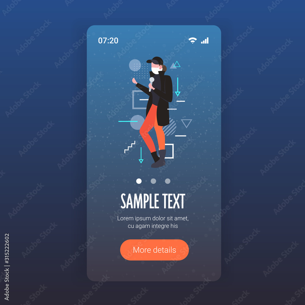 breaking news reporter in protective mask talking to microphone ...