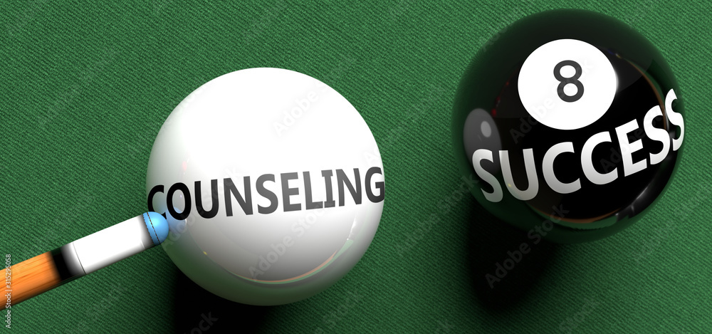 Counseling brings success - pictured as word Counseling on a pool ball ...