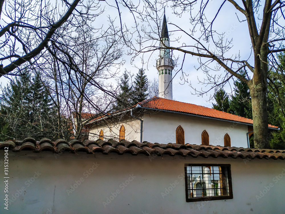 Small oriental looking mosque in white color with nature around it for ...