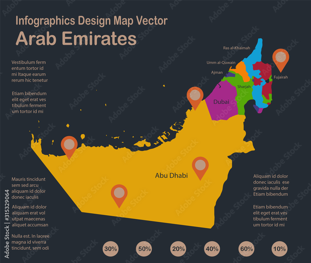 Infographics Arab Emirates map with names of individual administrative ...