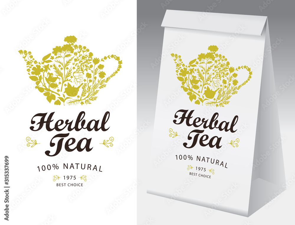 Paper packaging and label for herbal tea. Vector label for herbal tea ...