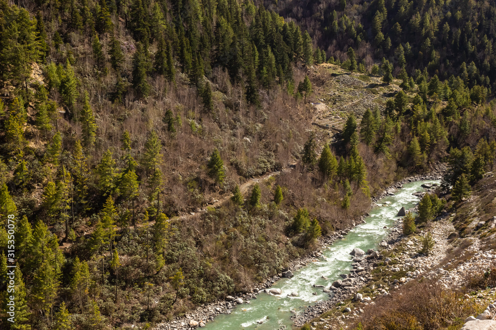 Aerial view of the Baspa river from the Himalayan village of Chitkul in ...