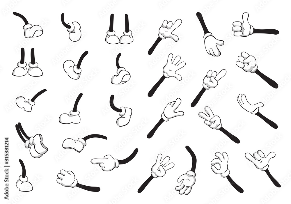Cartoon hands and legs big set. Cute leg in boots and gloved hand ...