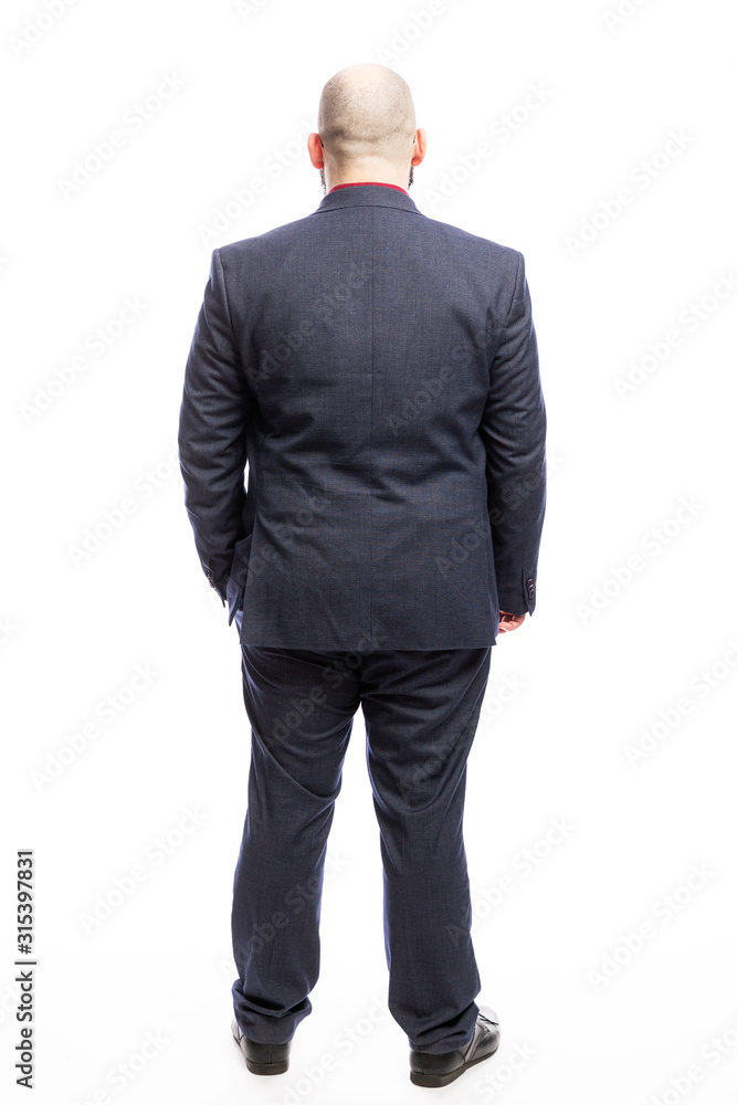 Bald fat man in a suit. Full height. Back view. Isolated over white ...
