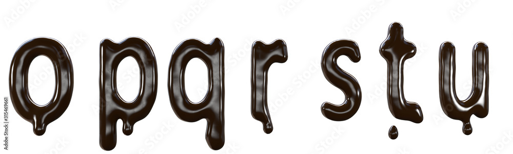 Chocolate font food type for sweet design. 3d render of o p q r s t u ...