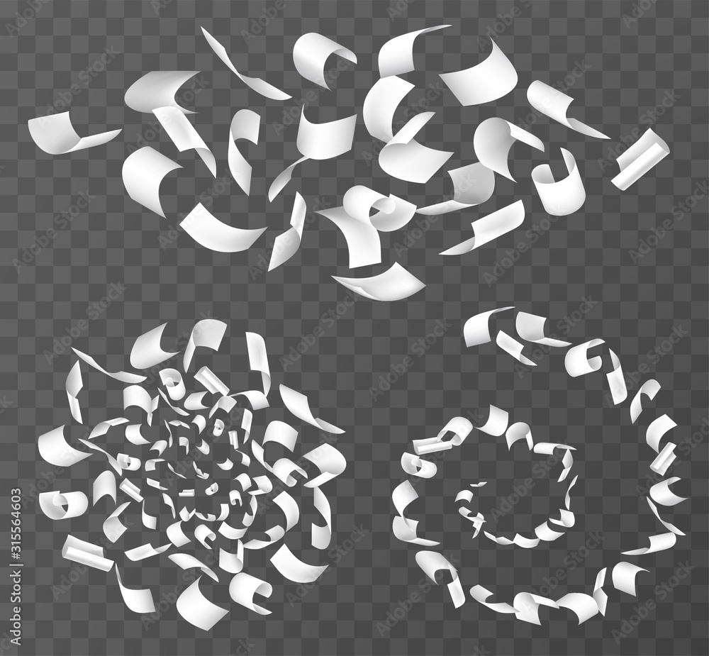 Flying white paper sheets in air. Falling blank note pages with curved ...