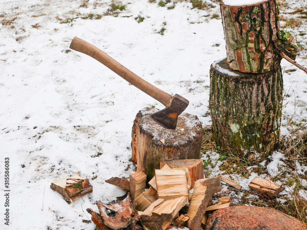 Cutting wood with an ax. Hand sharpened ax, for cutting wood ...