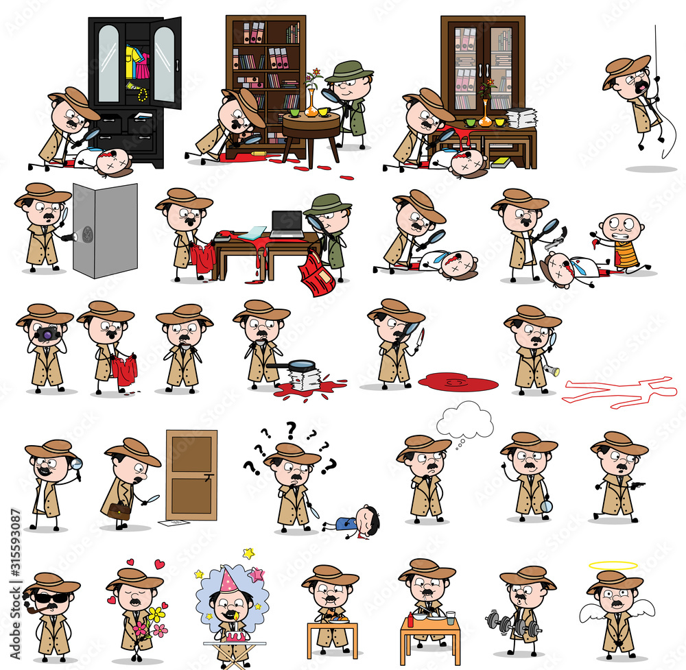 Cartoon Detective Agent - Set of Concepts Vector illustrations Stock ...