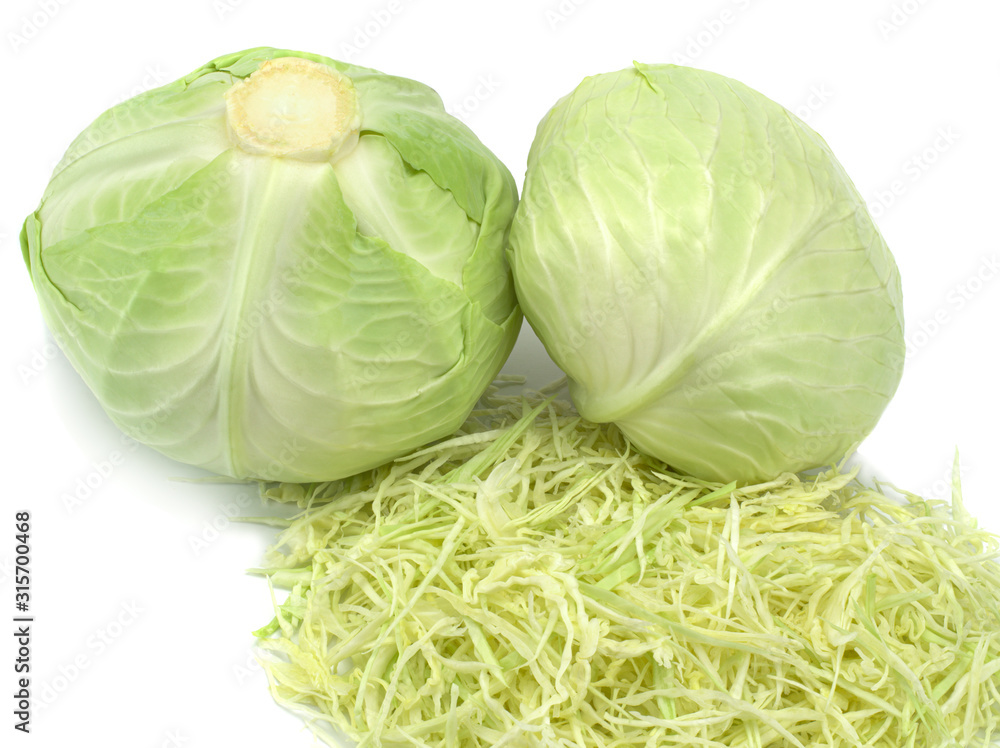 Two cabbage and shredded cabbage isolated on white background Stock ...