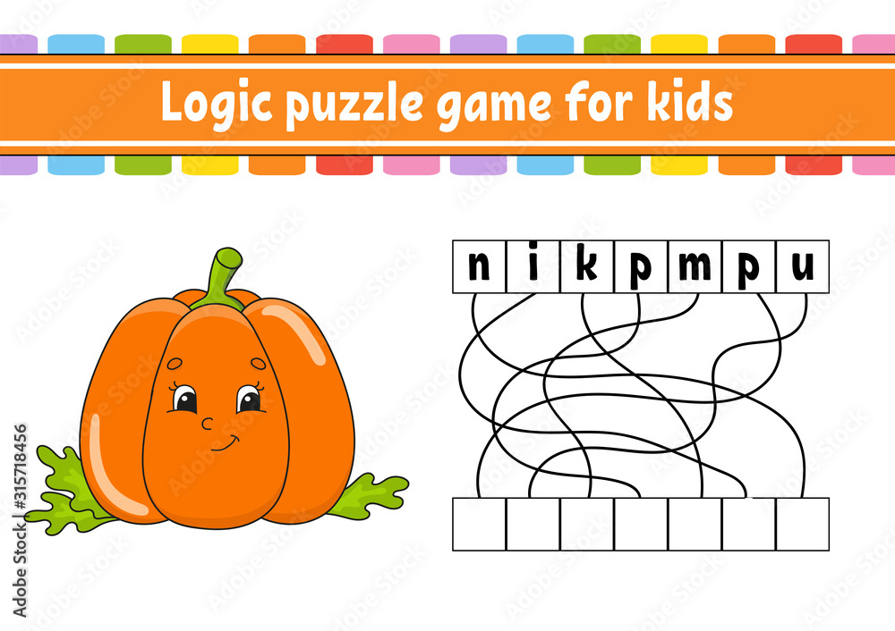 Logic puzzle game. Learning words for kids. Vegetable pumpkin. Find the ...