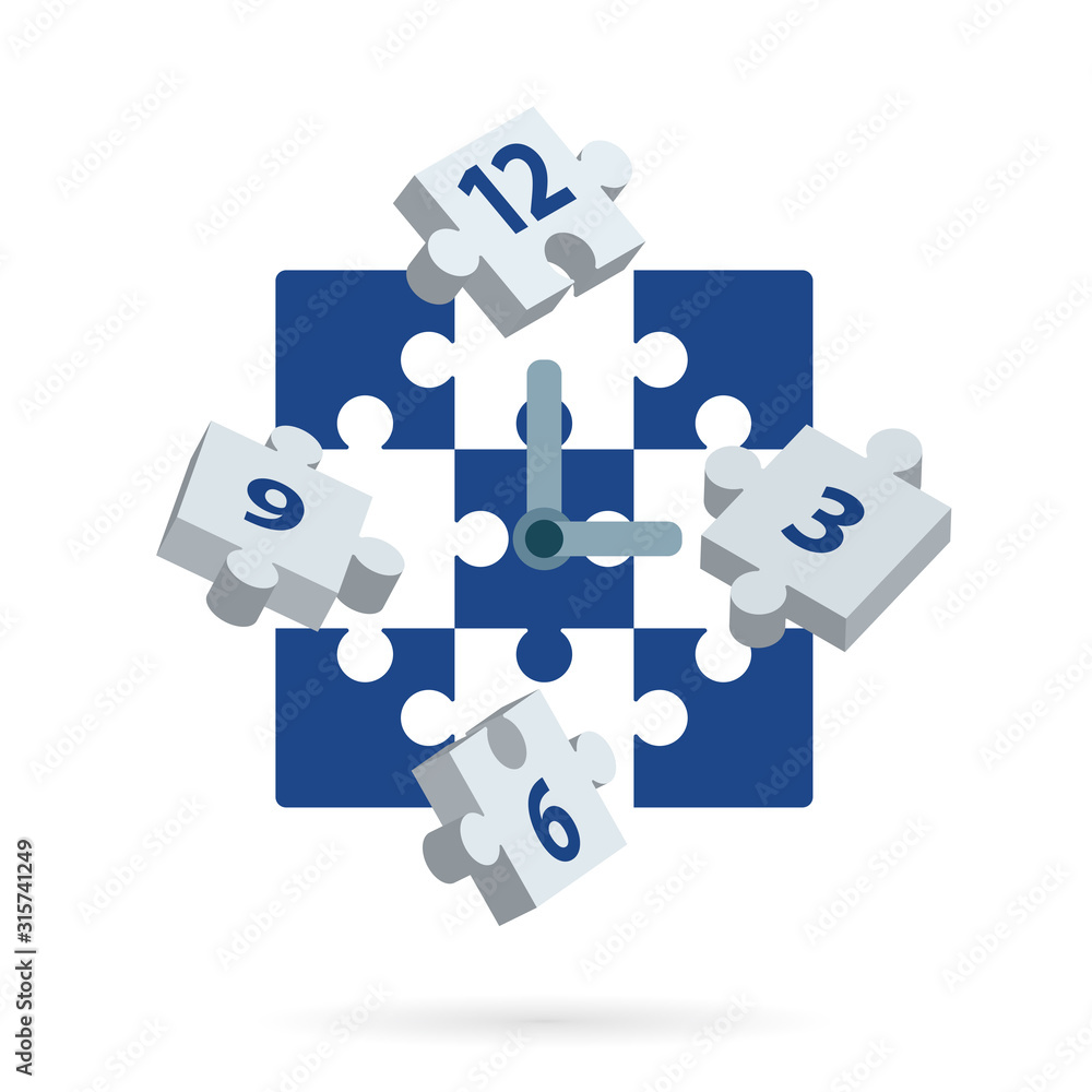 Time management metaphor. Hand drawn puzzle shape isometric watch ...