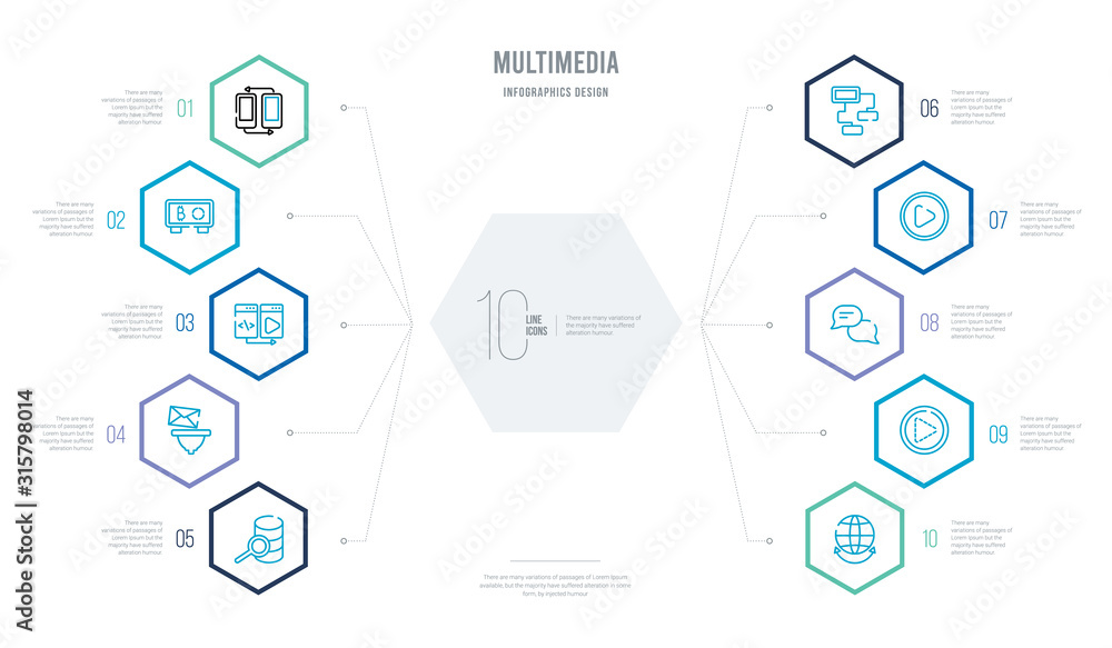 multimedia concept business infographic design with 10 hexagon options ...