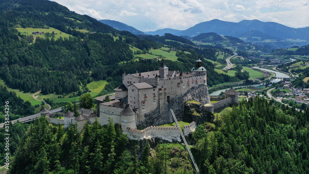 Aerial panoramic view of Hohenwerfen Castle, Austria. Medieval rock ...