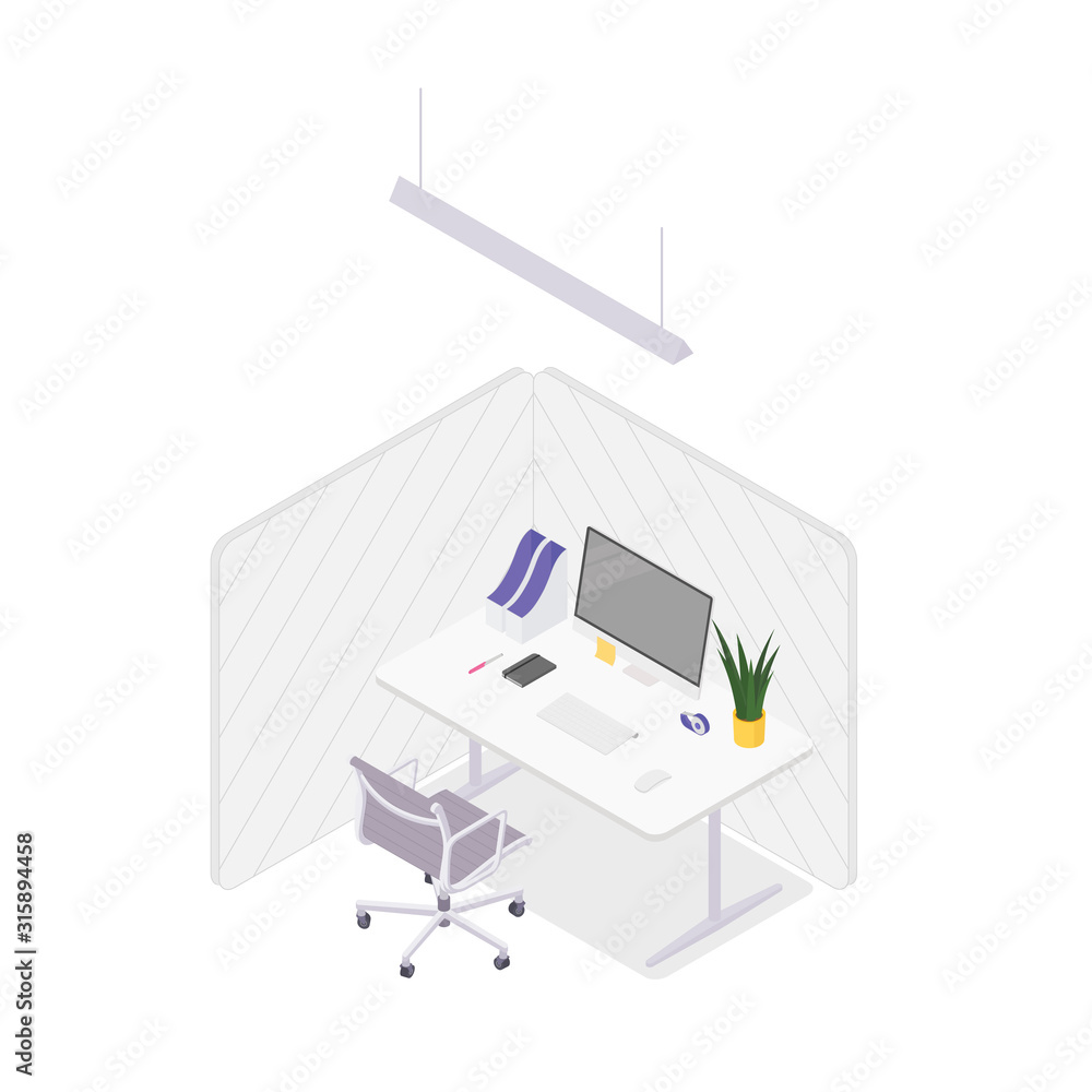 Modern isometric office cubicle on white. Vector illustration in flat ...