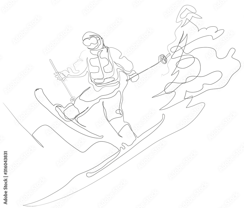 One continuous line drawing of Ski Jump.skier jumping over hill Simple ...