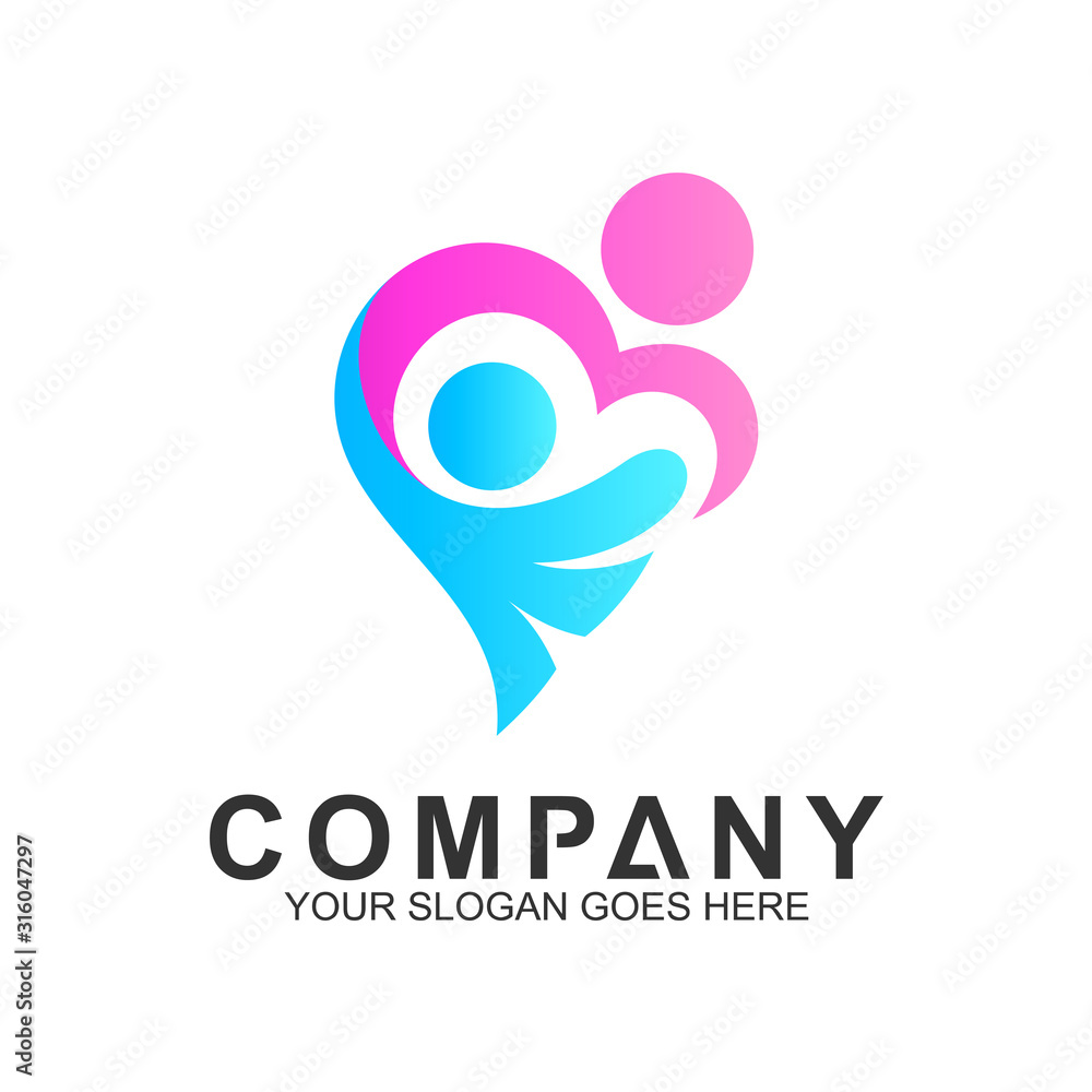 happy family logo with heart shape concept, healthy people, adoption ...