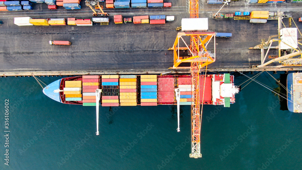 Container ship alongside at container terminal has loading and ...