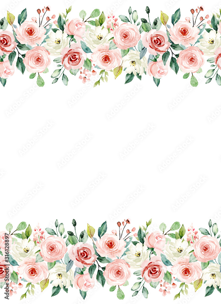 Greeting card template with watercolor flowers blush pink roses, floral ...