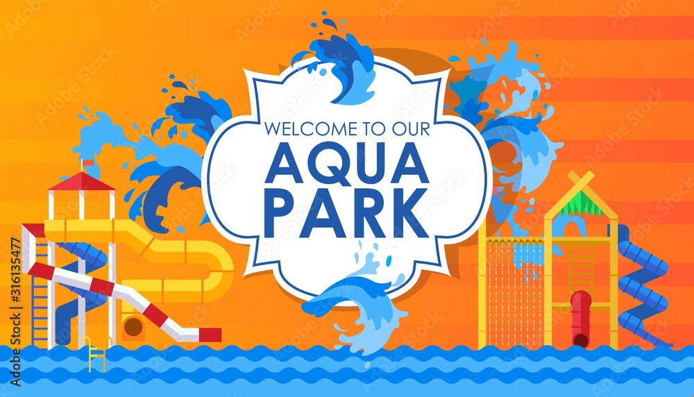 Aqua park vector illustration. Typographic poster template, water park ...