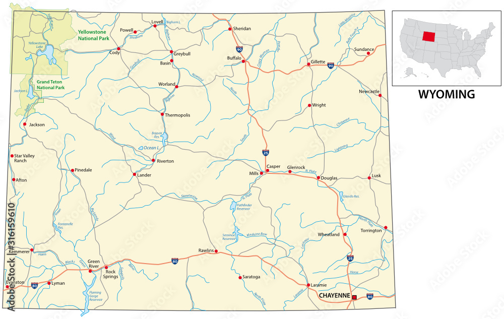 road map of the US American State of Wyoming Stock Vector | Adobe Stock