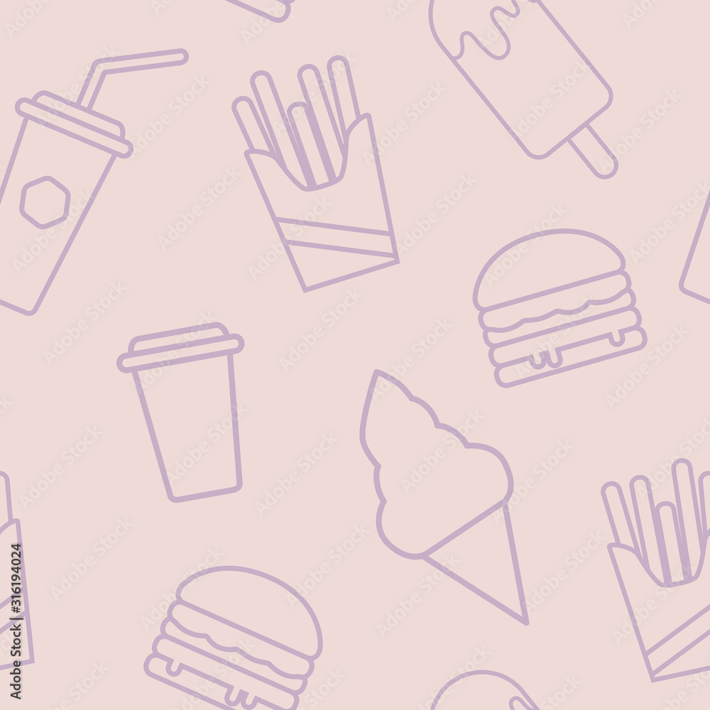 Seamless background. Fast Food Dishes. French fries, hamburg, drinks in ...