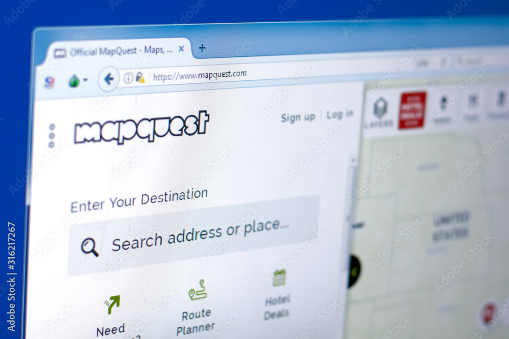 Ryazan, Russia - March 28, 2018 - Homepage of MapQuest service on a ...