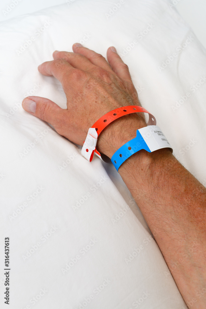 Hand and arm of a man in hospital with identification wrist bands Stock ...