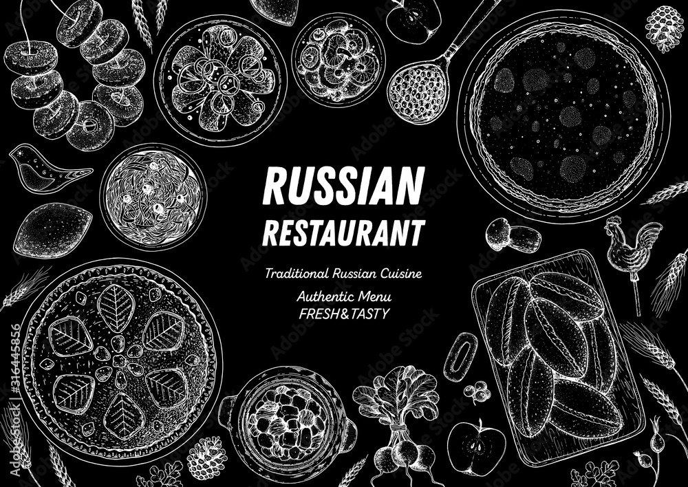 Russian cuisine top view frame. Food menu design elements. Traditional ...