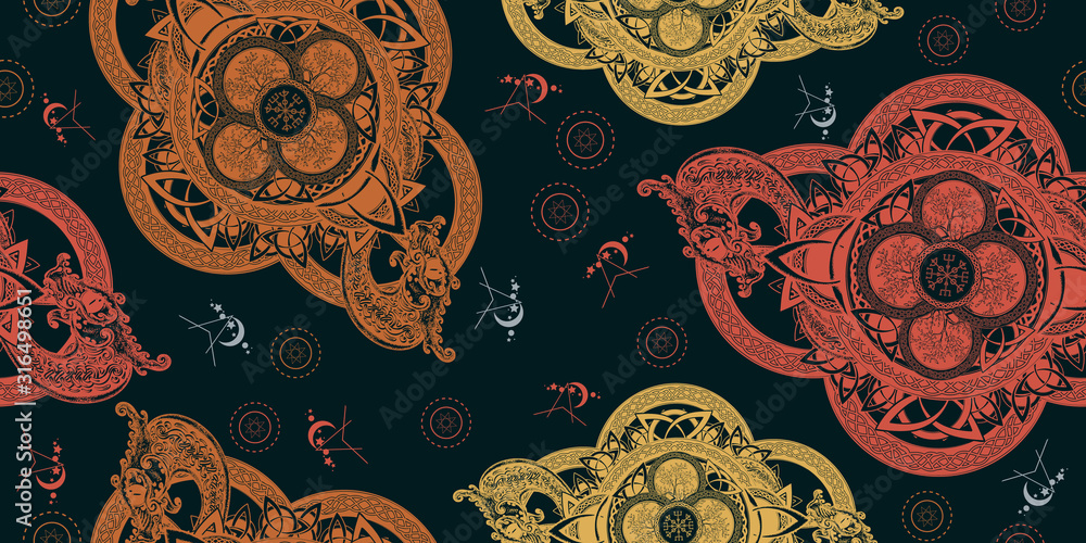 Image vectorielle Stock Dragons and celtic tree of life. Seamless ...