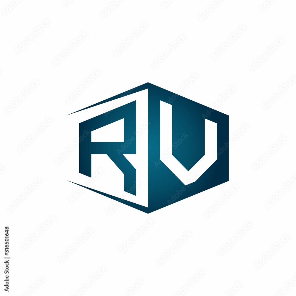 RV monogram logo with hexagon shape and negative space style ribbon ...
