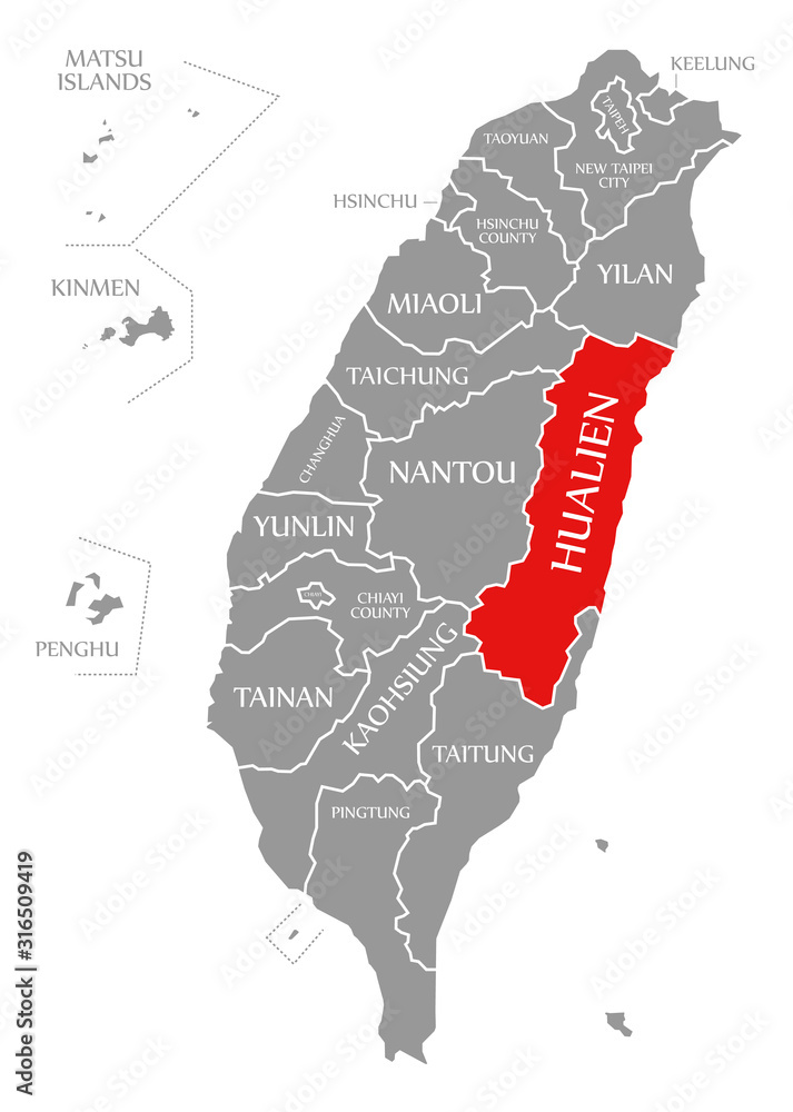 Hualien red highlighted in map of Taiwan Stock Illustration | Adobe Stock