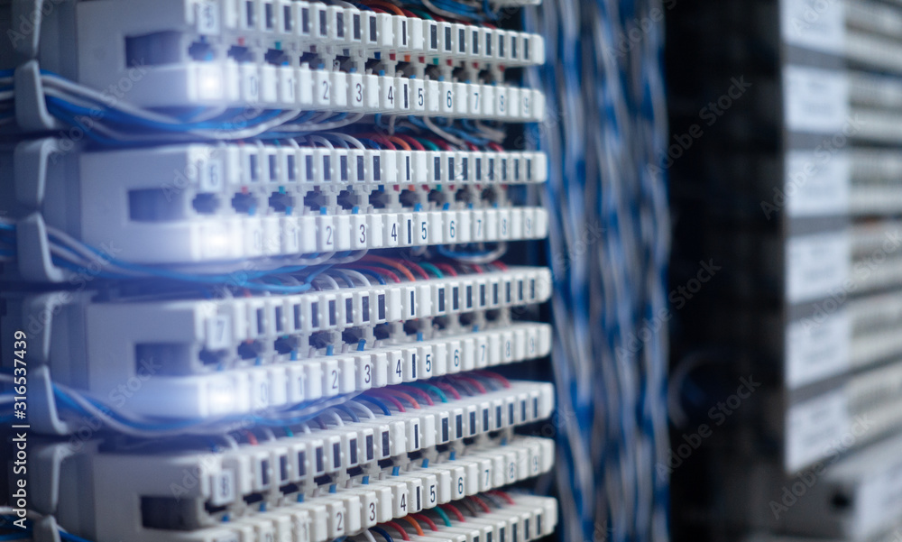 Telephone pbx. Telecommunication tag block rack in main distribution ...