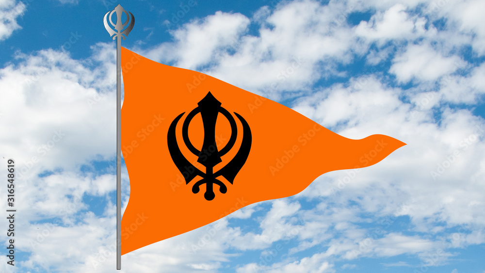 Orange Sikh flag with the image of black Khanda - the main symbol of ...