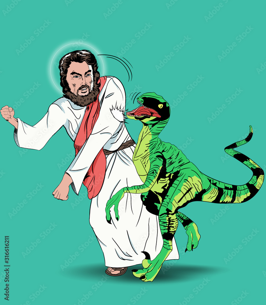 Jesus decking a raptor Stock Illustration | Adobe Stock