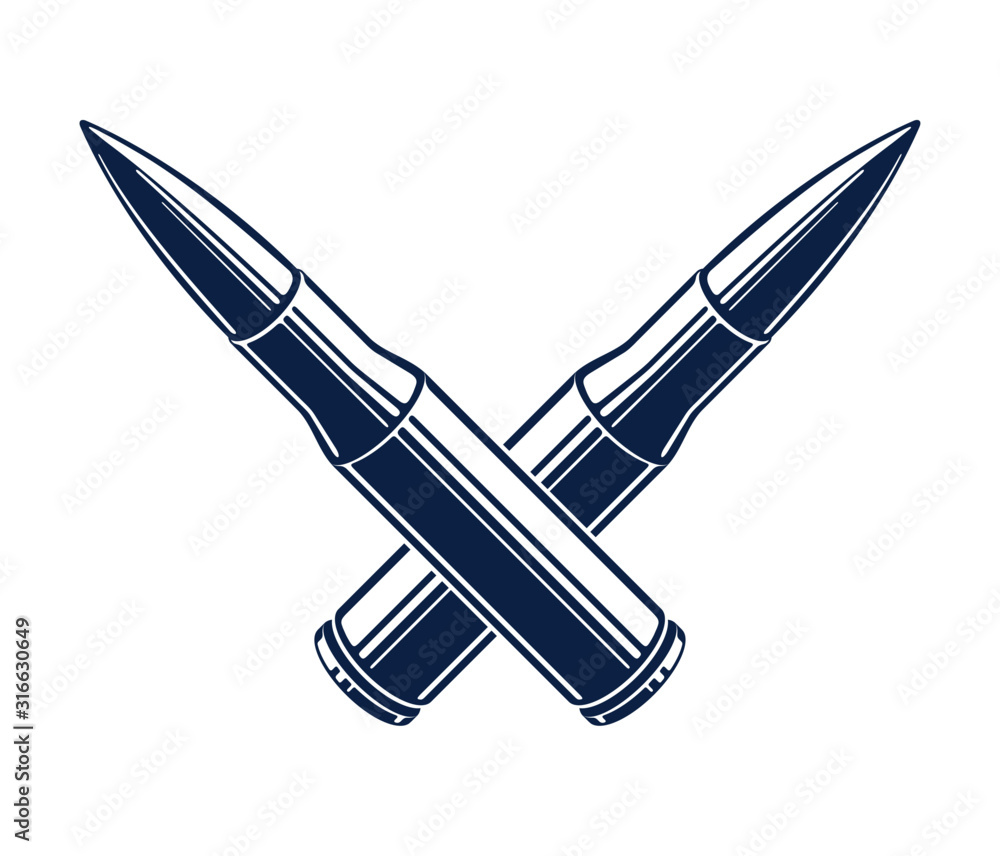 Two crossed bullets vector emblem or logo isolated on white, vintage ...