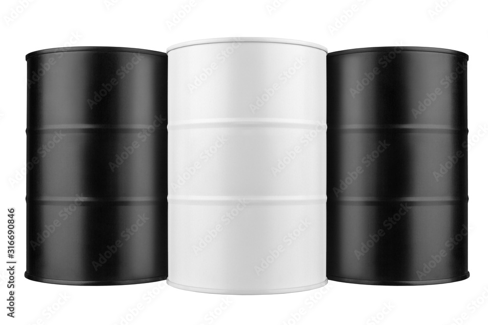 Three black and white round metal barrels isolated close up, oil drum ...