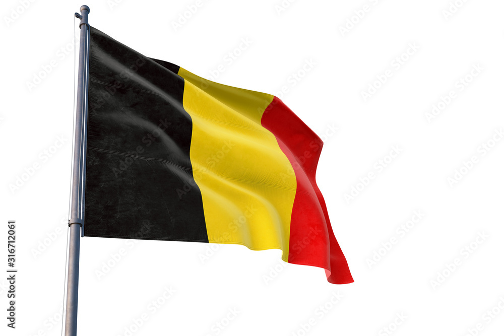 Belgium flag waving on pole with white isolated background. National ...