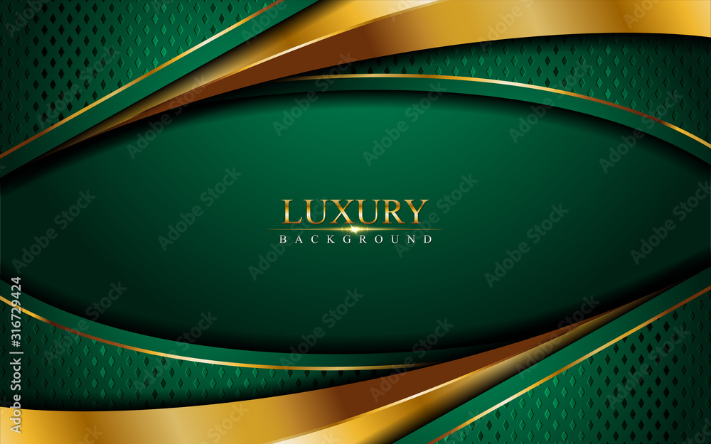 Luxury green background combine with glowing golden lines. Overlap layer textured background ...